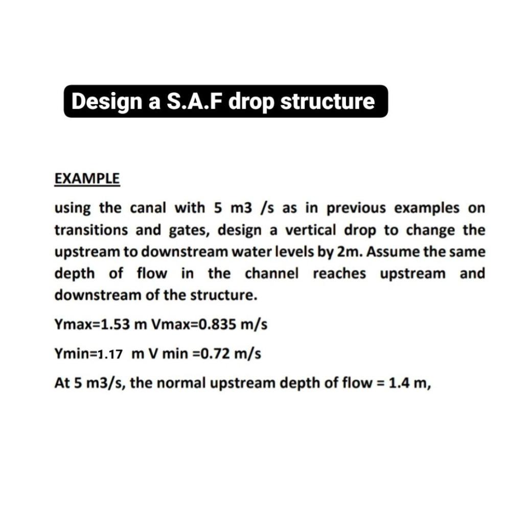 Solved Design a S.A.F drop structure EXAMPLE using the canal | Chegg.com