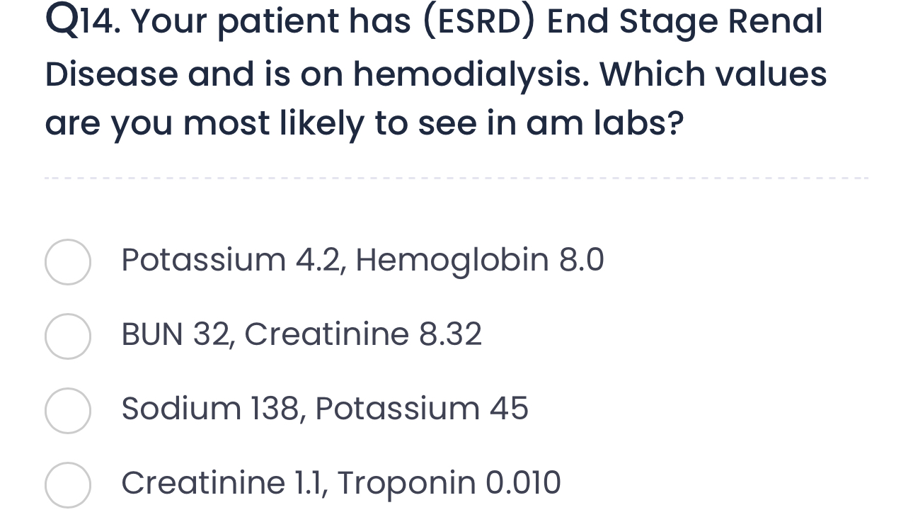 Solved Q14. ﻿Your patient has (ESRD) ﻿End Stage RenalDisease | Chegg.com