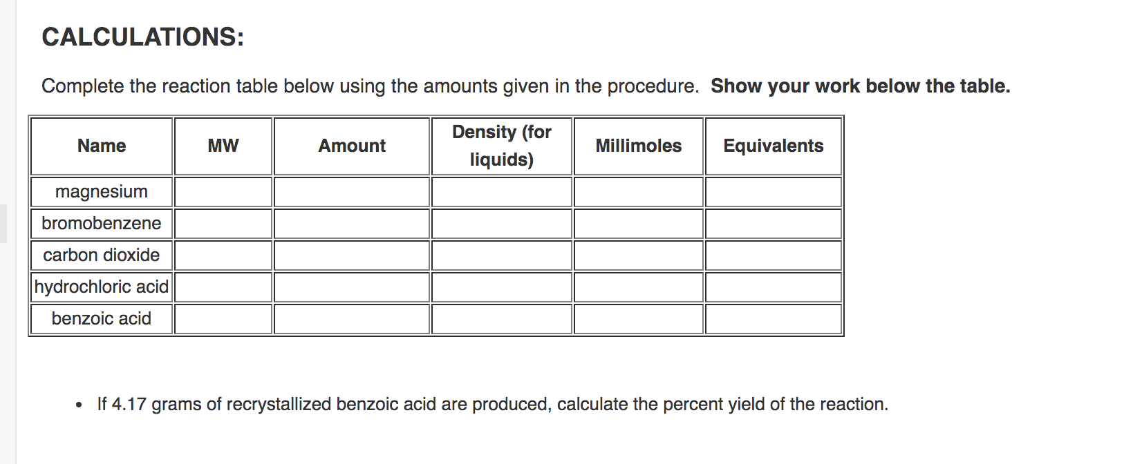 Solved CALCULATIONS: Complete the reaction table below using | Chegg.com