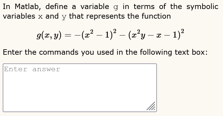 Solved In Matlab, define a variable g in terms of the | Chegg.com