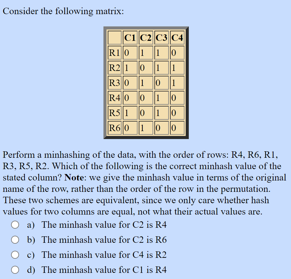Consider the following matrix: C1 C2 C3 C4 R10 11 JO | Chegg.com