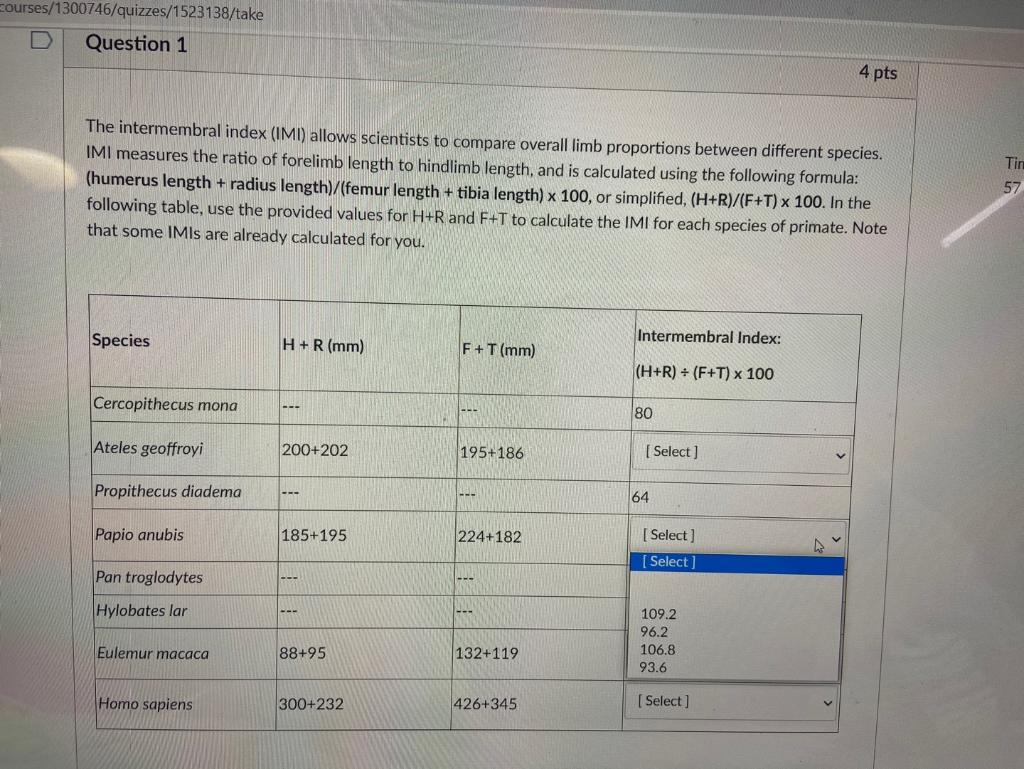 Solved Question 1 4 pts TE The intermembral index (IMI) | Chegg.com