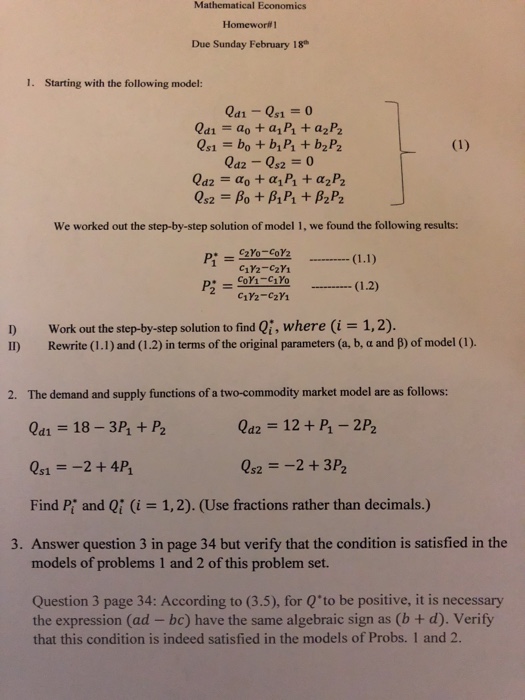 Solved Mathematical Economics Homewor#1 Due Sunday February | Chegg.com