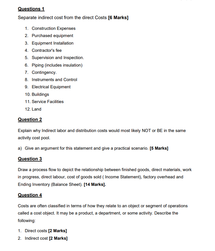 Solved Questions 1 Separate indirect cost from the direct | Chegg.com