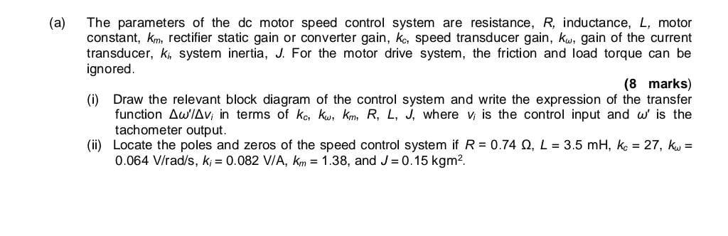 Solved (a) The parameters of the dc motor speed control | Chegg.com