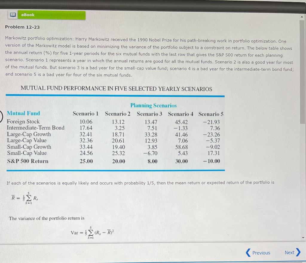 Solved eBook Problem 12-23 Markowitz portfolio optimization: | Chegg.com