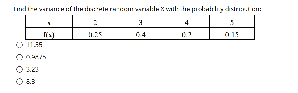 Solved Find the variance of the discrete random variable X | Chegg.com