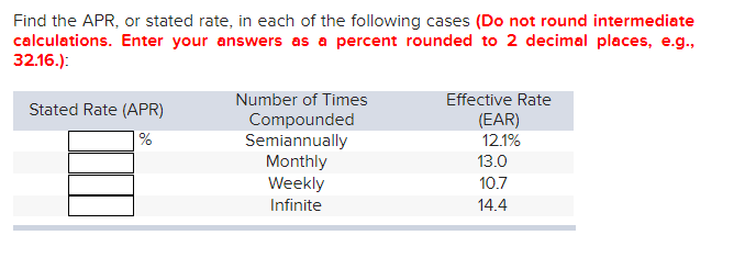 Solved Find the APR, or stated rate, in each of the | Chegg.com