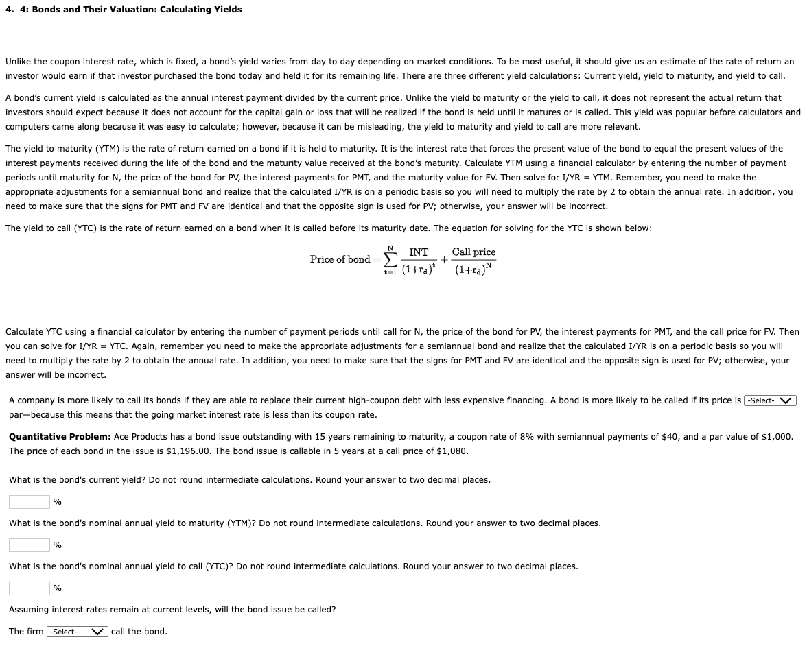 Solved 4. 4: Bonds and Their Valuation: Calculating Yields | Chegg.com