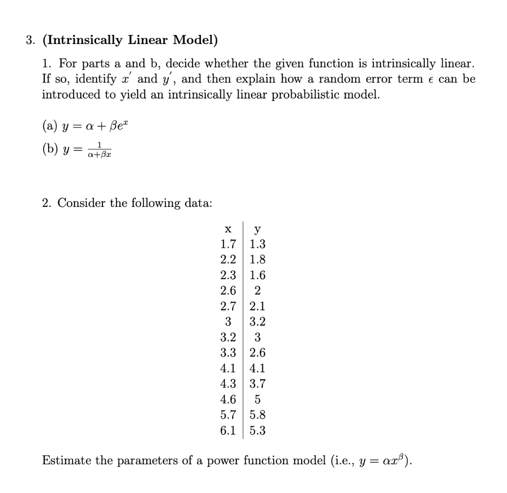 3. (Intrinsically Linear Model) 1. For parts a and b, | Chegg.com