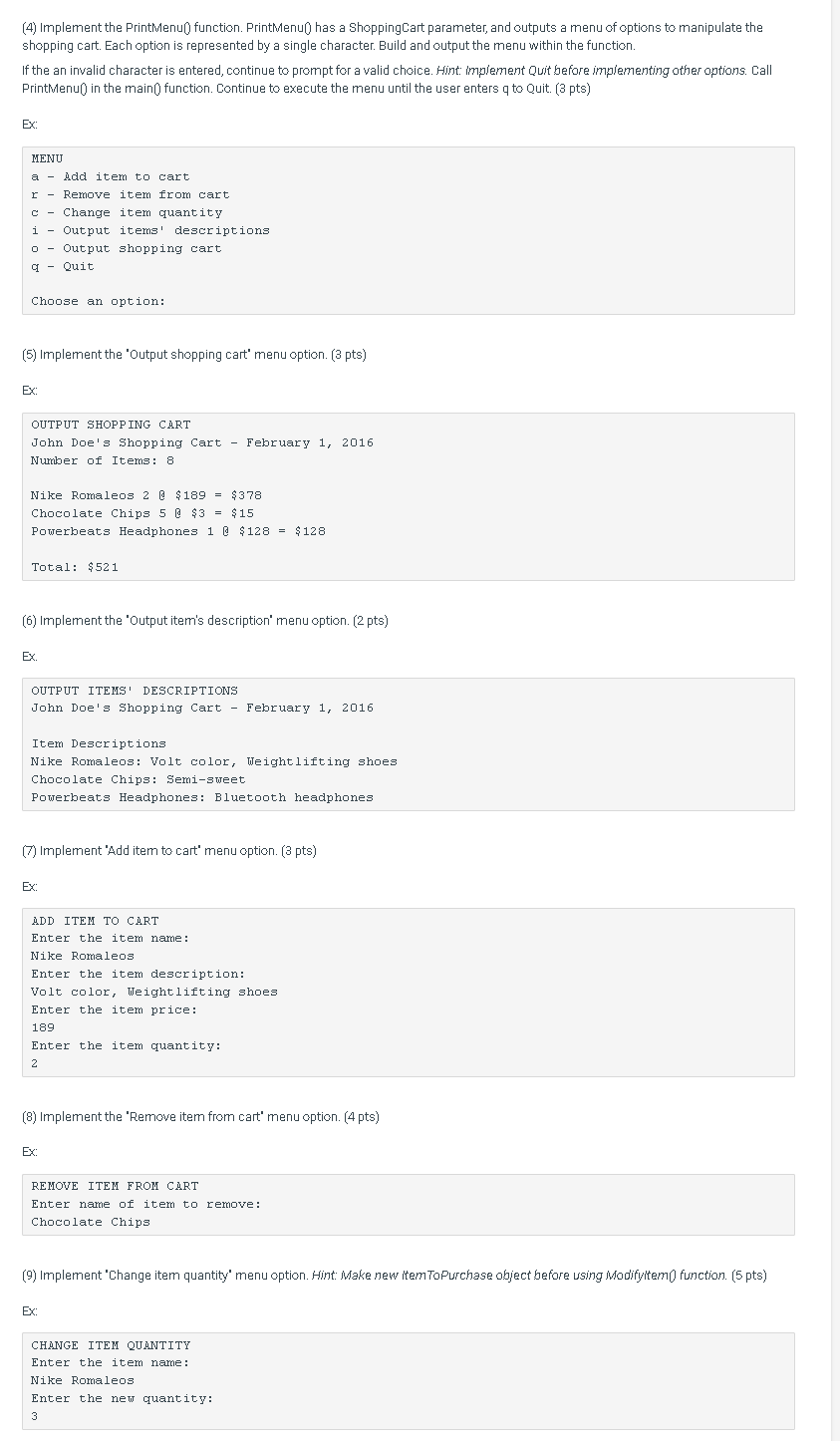 Solved Create online shopping cart(continued) (C) , needs to | Chegg.com