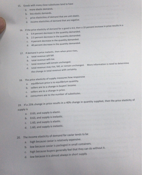 Solved 15. Goods with many close substitutes tend to have a. | Chegg.com