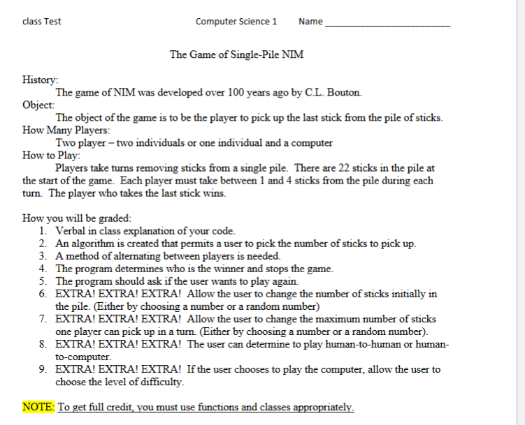 Solved The Game of Single-Pile NIM History: The game of NIM | Chegg.com