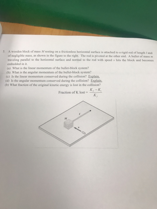 Solved 5. A wooden block of mass M resting on a frictionless | Chegg.com