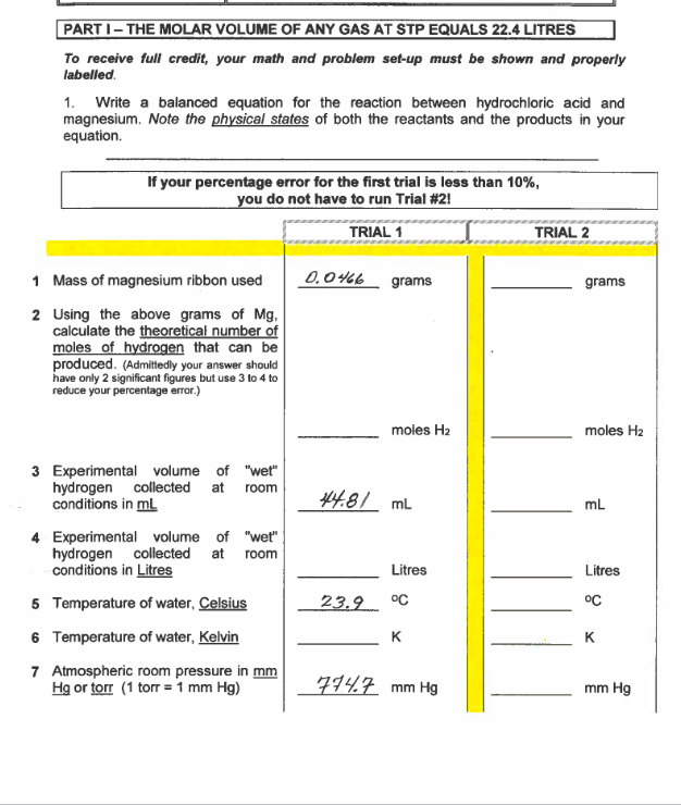 Solved PART 1 - THE MOLAR VOLUME OF ANY GAS AT STP EQUALS | Chegg.com