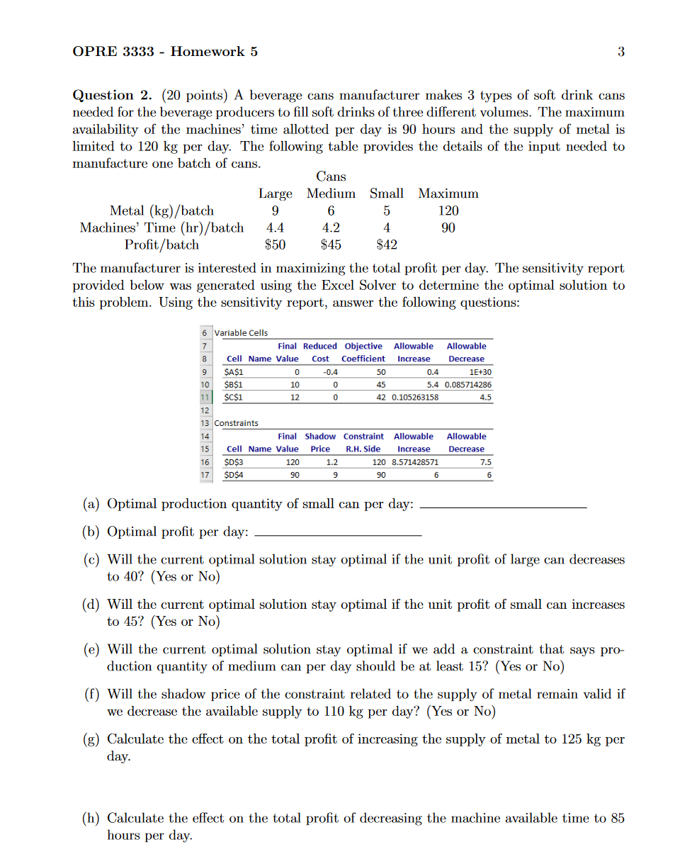 Solved OPRE 3333 - Homework 5 3 Question 2. (20 points) A | Chegg.com