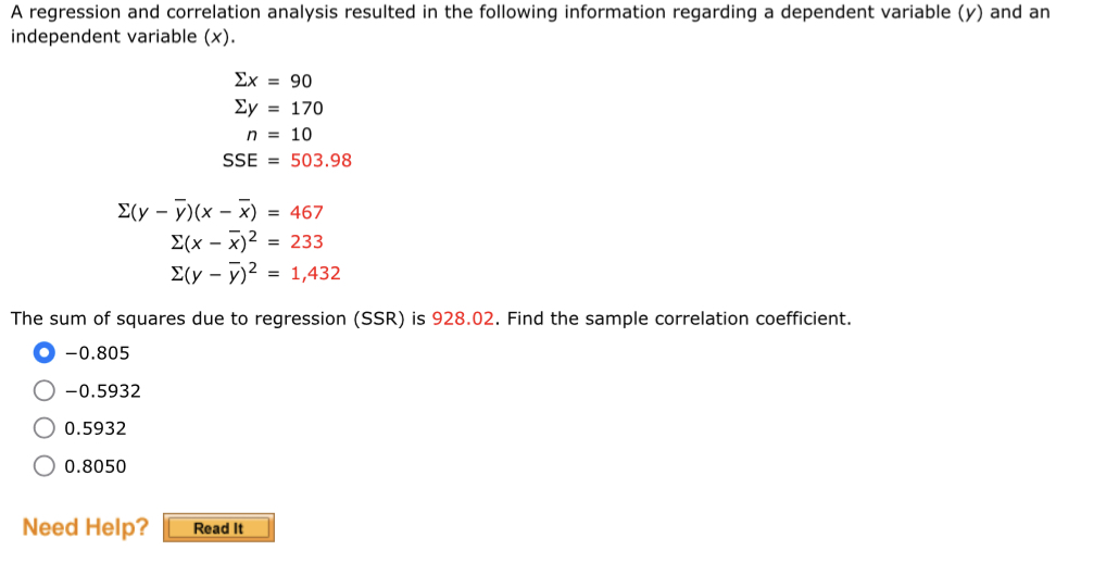 Solved A regression and correlation analysis resulted in the | Chegg.com
