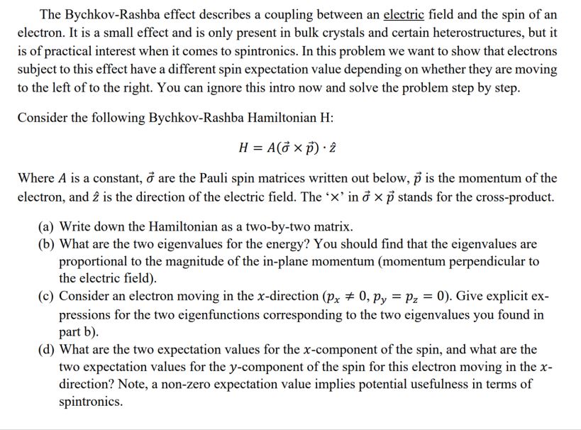 The Bychkov-Rashba effect describes a coupling | Chegg.com