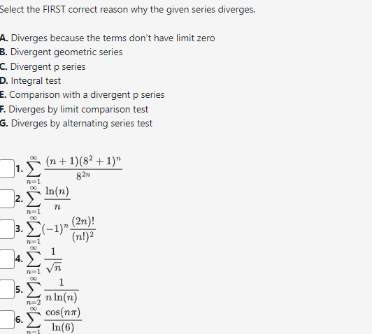 ∑n=1∞82n(n+1)(82+1)n∑n=1∞nln(n)∑n=1∞(−1)n(n!)2(2n)!∑n | Chegg.com