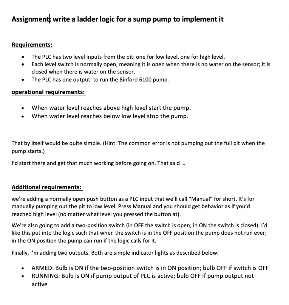Assignment: write a ladder logic for a sump pump to | Chegg.com