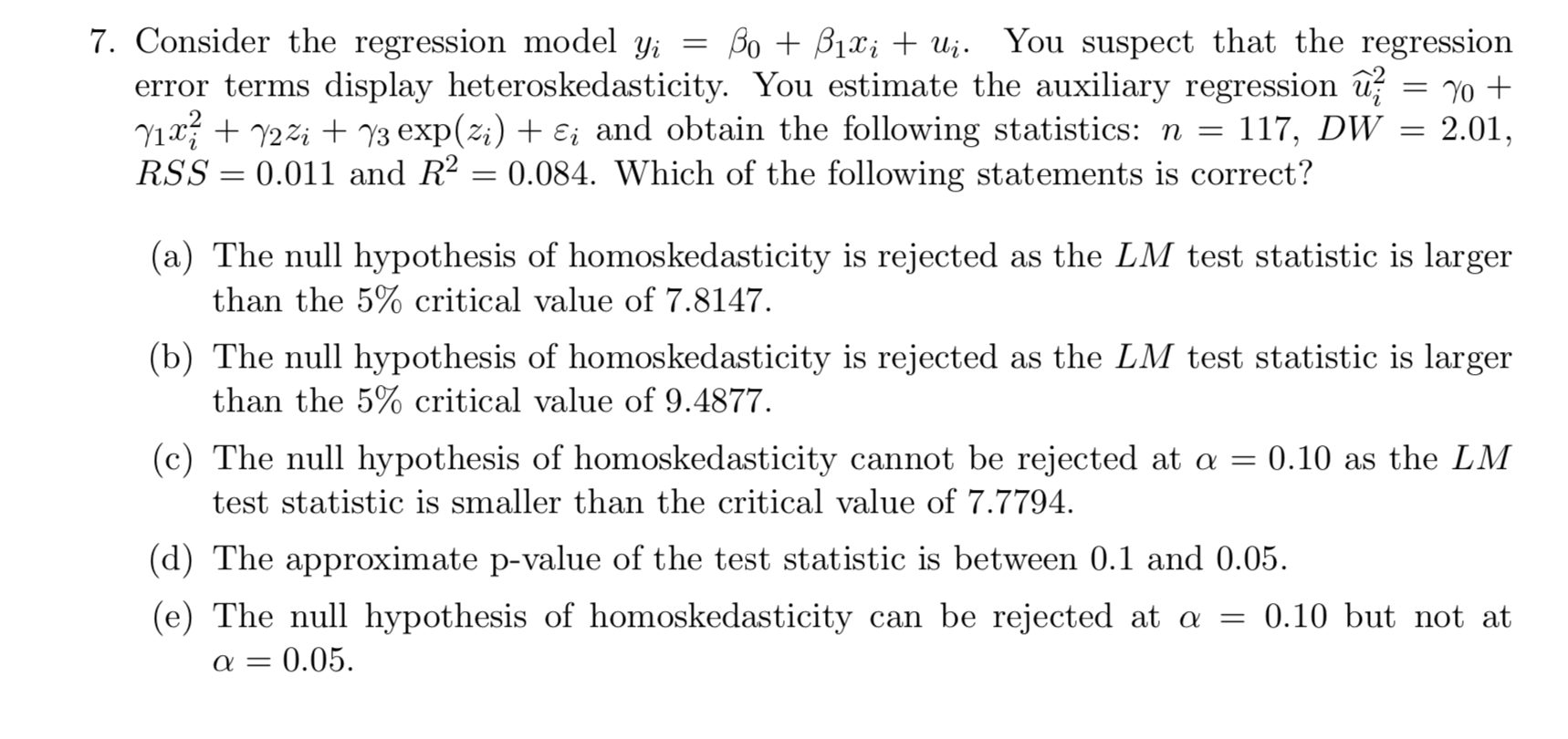 Solved 7. Consider the regression model yi = Bo + Bixi + Ui. | Chegg.com