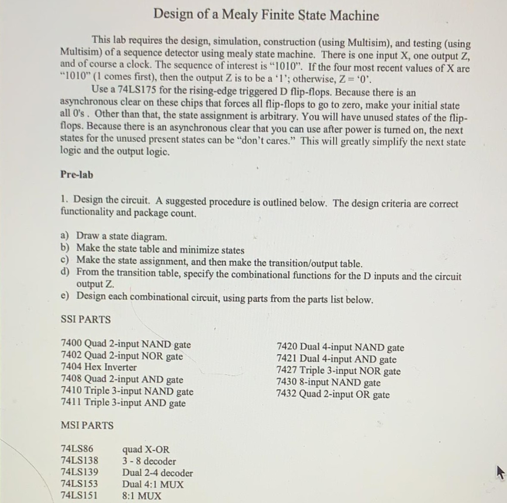Solved Design of a Mealy Finite State Machine This lab | Chegg.com