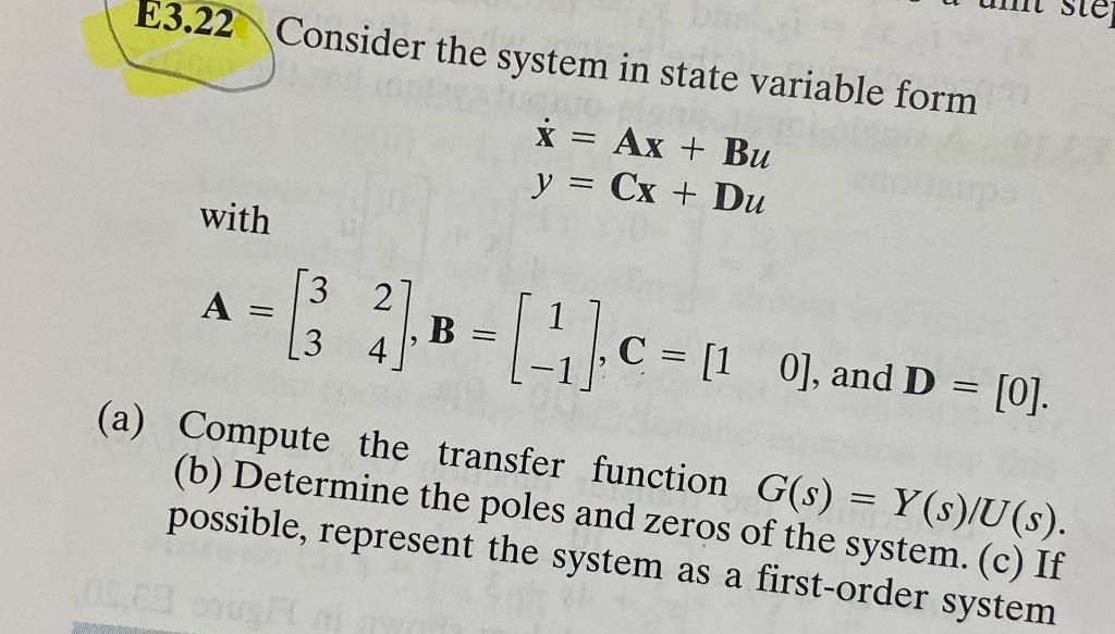 Solved E3.22 Consider the system in state variable form with | Chegg.com