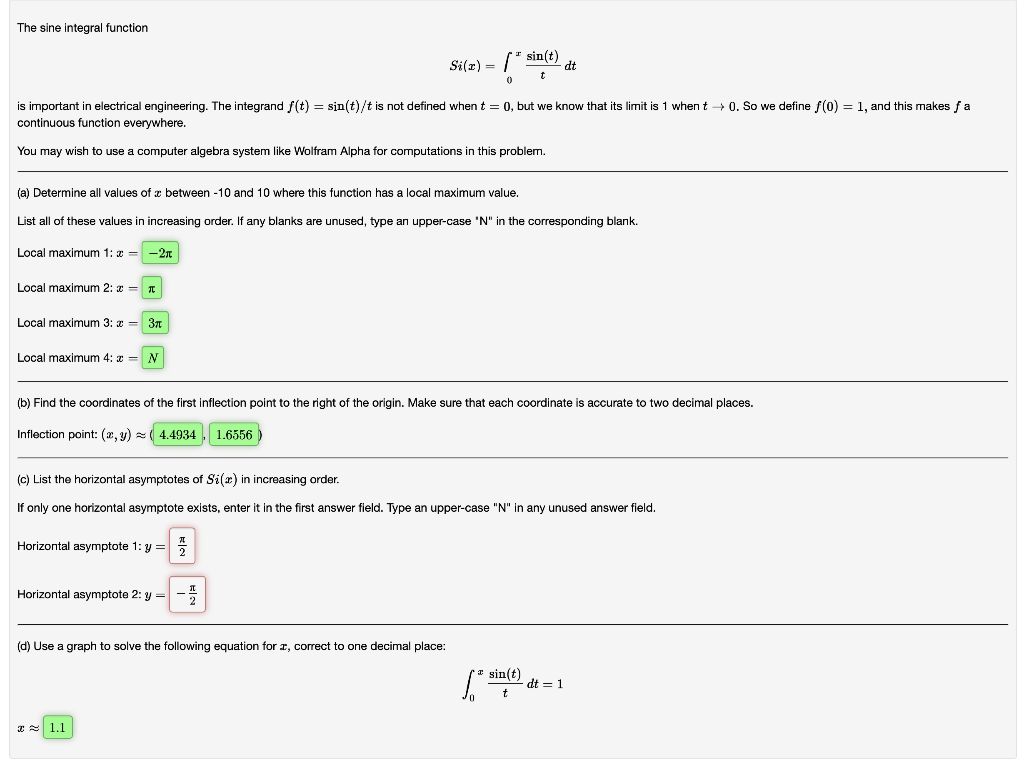 Solved The sine integral function Si(x)=∫0xtsin(t)dt is | Chegg.com