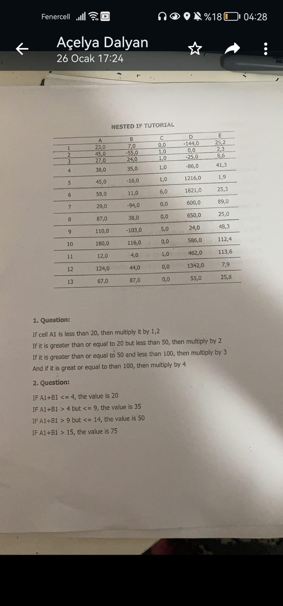 NESTED IF TUTORIAL 1. Question: If cell A1 is less | Chegg.com
