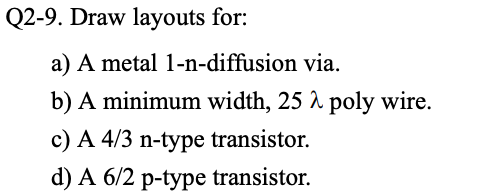 Solved Q2-9. Draw layouts for: a) A metal 1-n-diffusion via. | Chegg.com