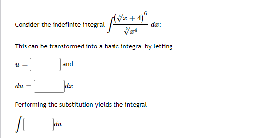 Solved 6 (Tx + 4) VE Consider the indefinite integral dar: | Chegg.com Solved 6 (Tx + 4) VE Consider the indefinite integral dar: | Chegg.com