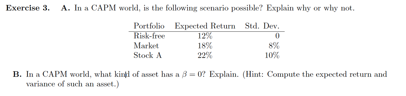 Solved Exercise 3. A. In a CAPM world, is the following | Chegg.com