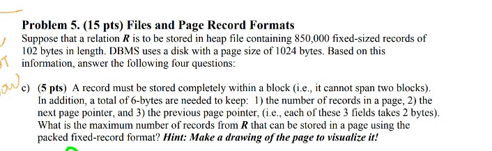 Solved Problem 5. (15 pts) Files and Page Record Formats | Chegg.com