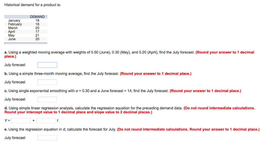 Solved Historical demand for a product is DEMAND 16 16 20 17 | Chegg.com