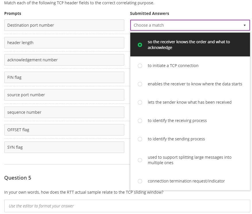 Solved Match each of the following TCP header fields to the | Chegg.com