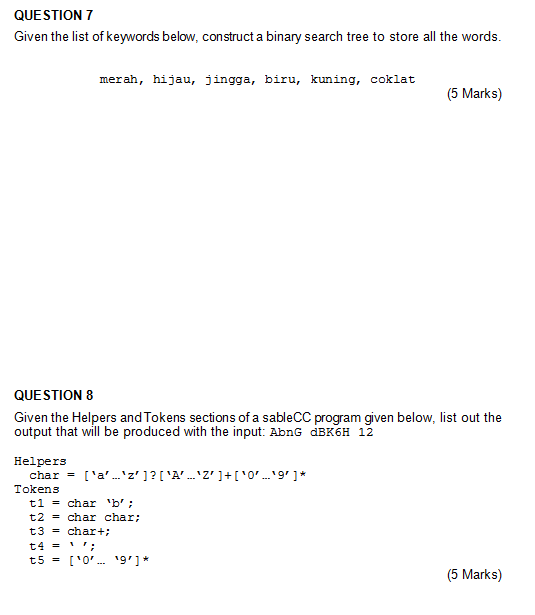 Solved QUESTION 7 Given the list of keywords below, | Chegg.com