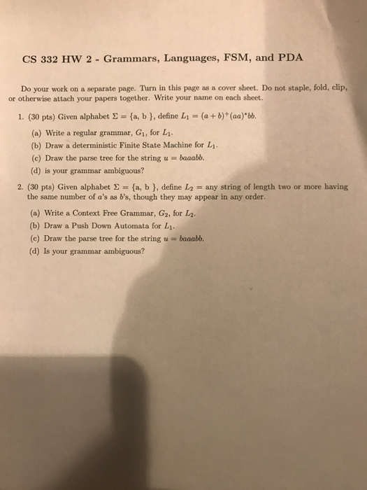 Solved CS 332 HW 2 - Grammars, Languages, FSM, and PDA Do | Chegg.com