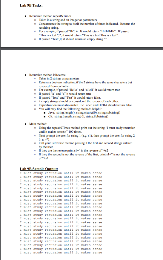 Solved Lab 9B Tasks: Recursive method repeat Times Takes in | Chegg.com