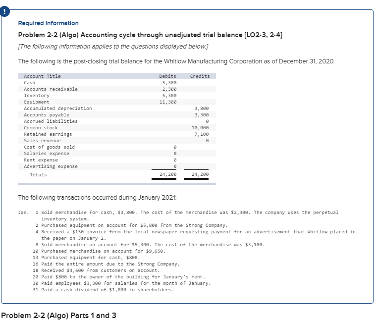 Solved Required Information Problem 2-2 (Algo) Accounting | Chegg.com