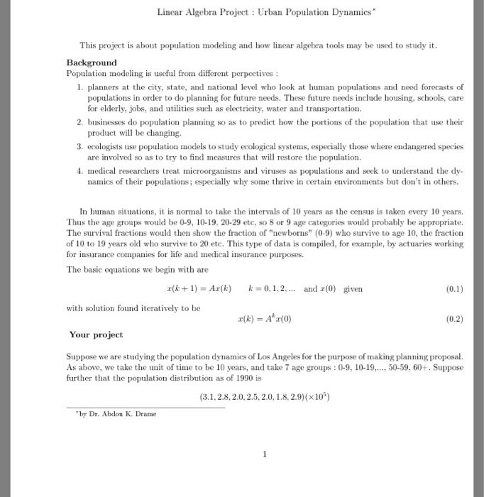 Solved Linear Algebra Project : Urban Population Dynamics | Chegg.com