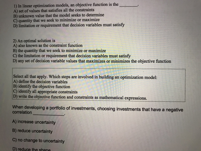 Solved 1 In Linear Optimization Models An Objective