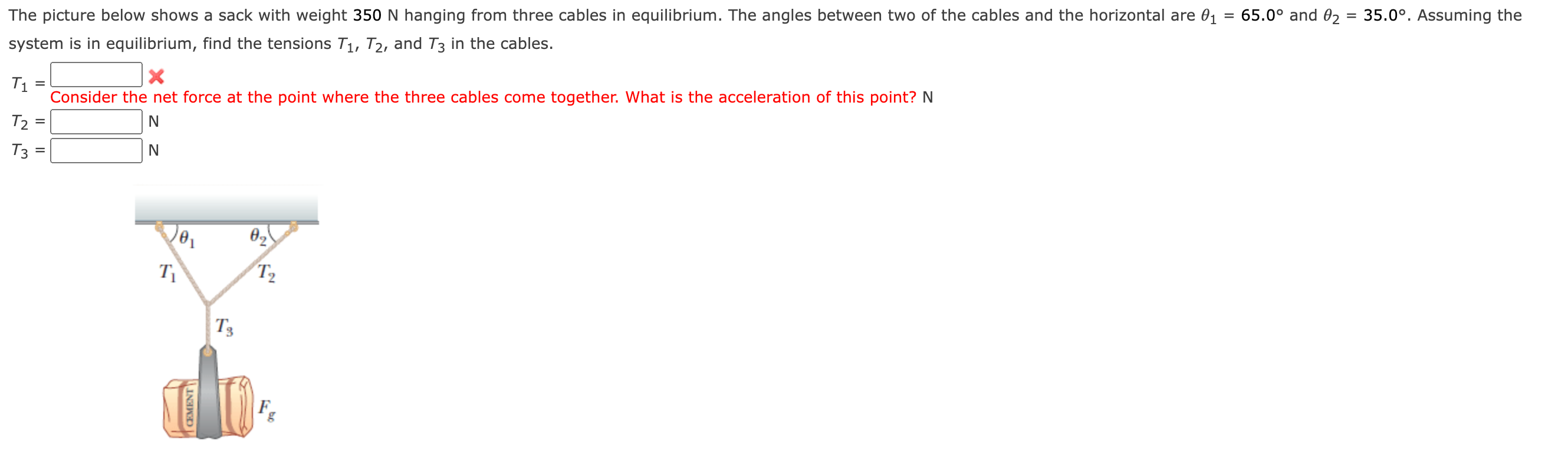 Solved system is in equilibrium, find the tensions T1,T2, | Chegg.com
