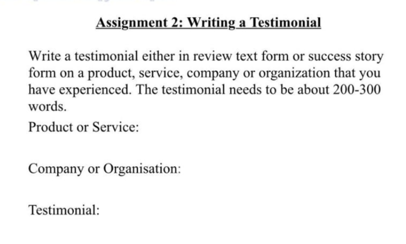 Solved Assignment 2: Writing a Testimonial Write a | Chegg.com