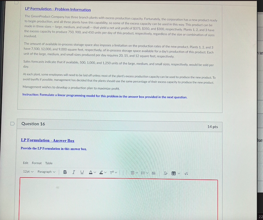 Solved LP Formulation - Problem Information var The Green | Chegg.com