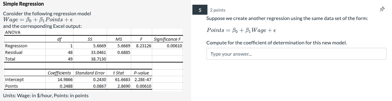 Solved Simple Regression Consider the following regression | Chegg.com