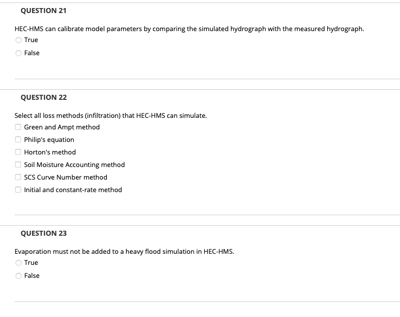 Solved QUESTION 21 HEC-HMS can calibrate model parameters by | Chegg.com
