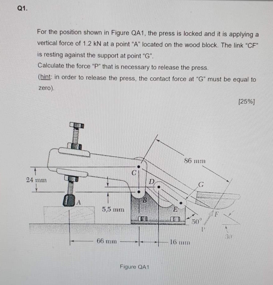 Q1. For the position shown in Figure QA1, the press | Chegg.com