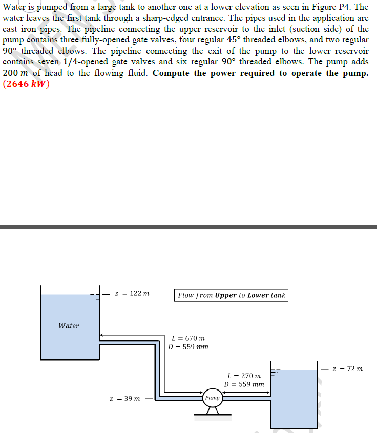 Solved Water is pumped from a large tank to another one at a | Chegg.com