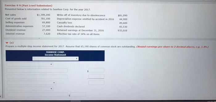Solved Exercise 4 9 (Part Level Submission) Presented below | Chegg.com