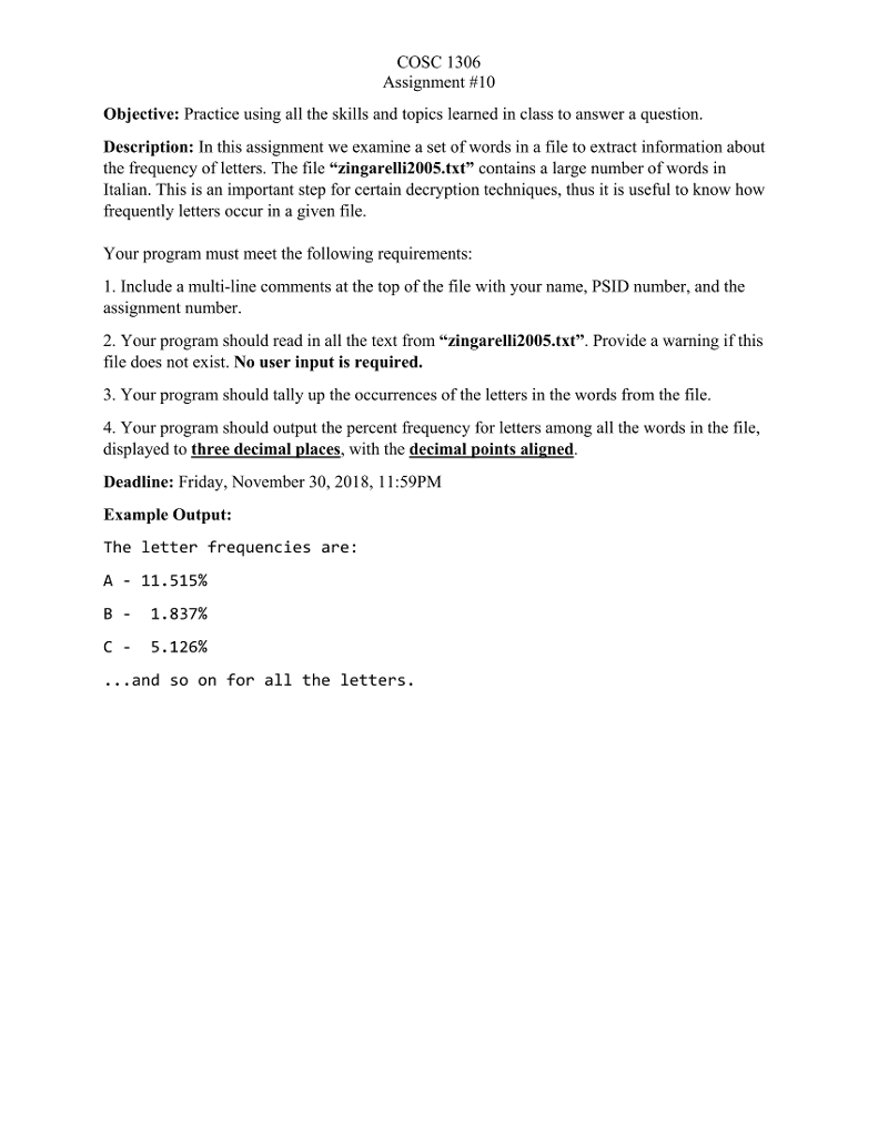 Solved COSC 1306 Assignment #10 Objective: Practice using | Chegg.com